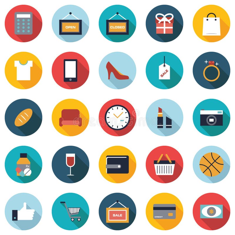 Set of 25 Colorful Shopping Flat Icons. Stock Vector - Illustration of ...