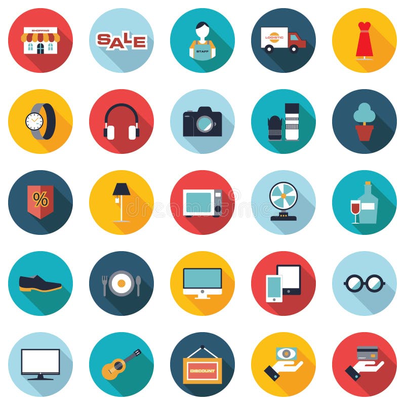 Set of 25 Colorful Shopping Flat Icons. Stock Vector - Illustration of ...