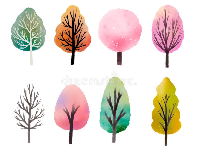 Set of Colorful Side View Trees Isolated on White Background ...