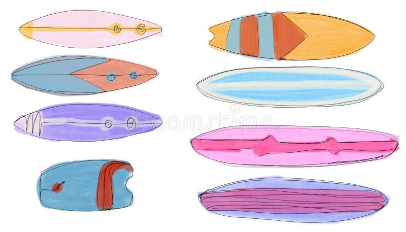 Set of Colorful Surf Board Drawings Stock Illustration - Illustration ...