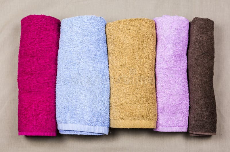 Set of colorful towels. stock image. Image of basket - 103994673