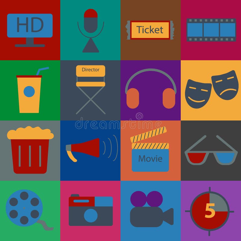 Set of Colorful and White Flat Movie Icons Stock Vector - Illustration ...