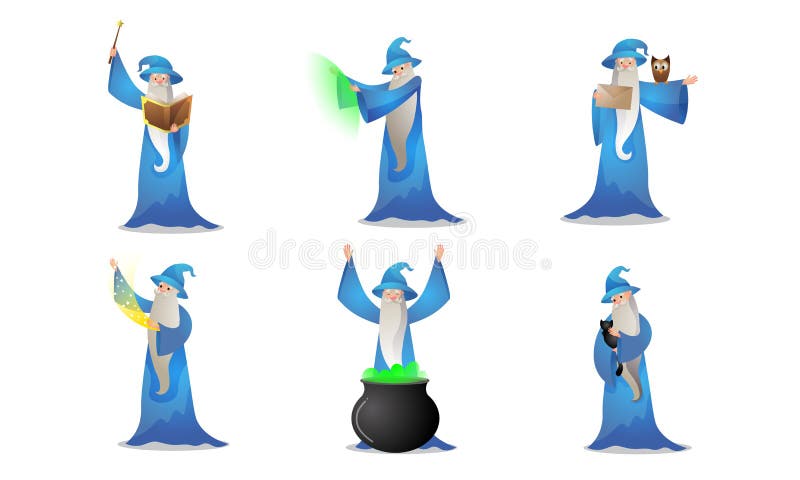 Colorful Set of Wizard Character in Various Action Poses. Raster ...