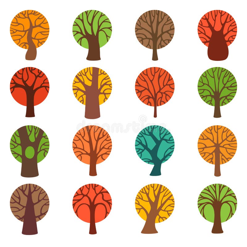 Set of Colourful Autumn Tree Icons. Stock Vector - Illustration of fall ...