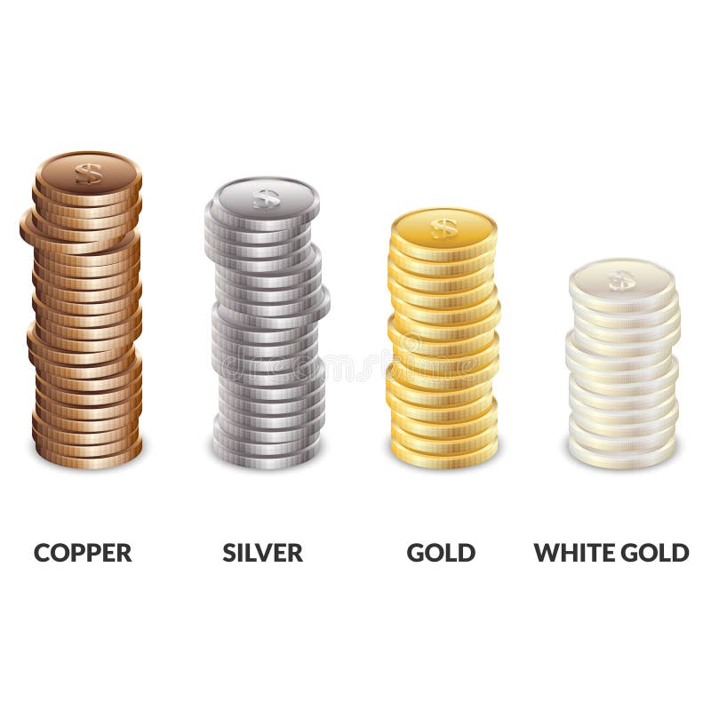 Set of Columns of Coins of Different Metals. Bars of Copper, Silver and ...