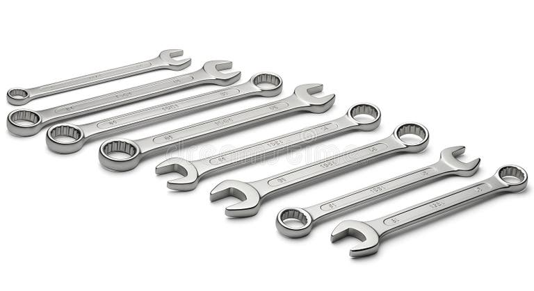 A Set of Combination Wrenches Arranged in Parallel. Each Tool Features an Open- Stock ...