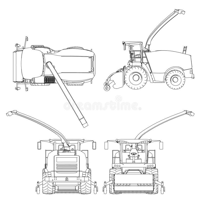 Set with Combine Harvester from Black Lines Isolated on White ...