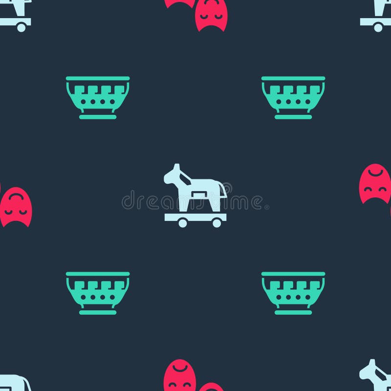 Set Comedy and Tragedy Masks, Trojan Horse and Greek Ancient Bowl on ...