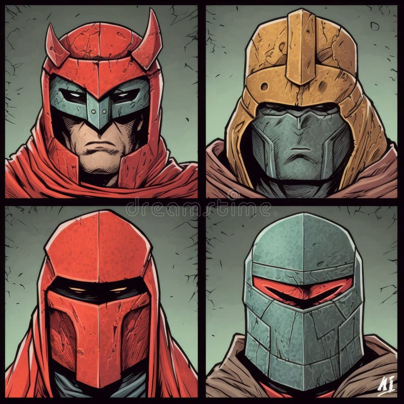 Set of Comic Comics Illustrations of a Female Knight in Armor and ...