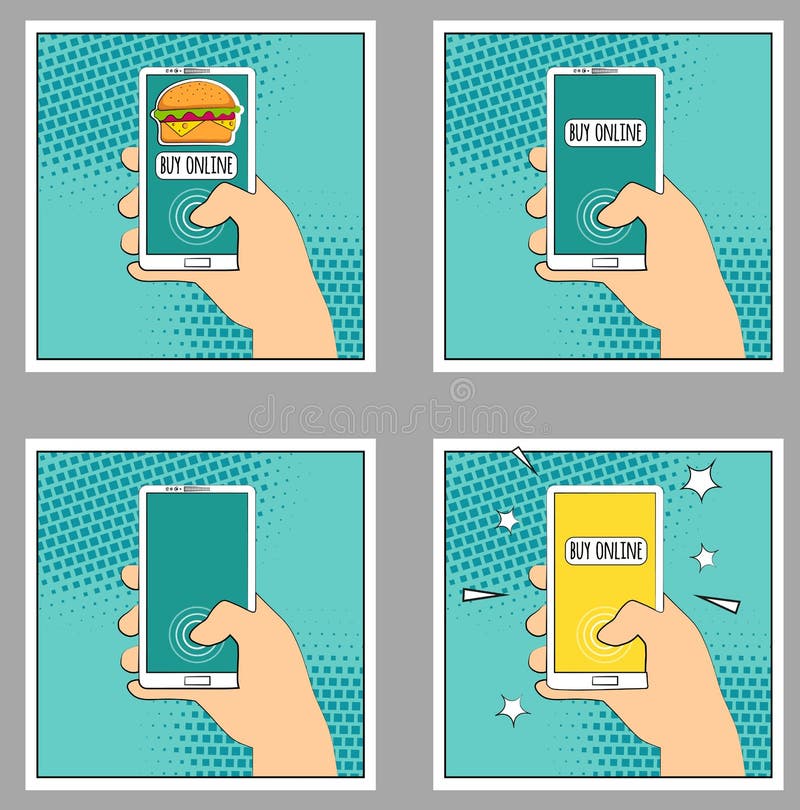 Set Comic Smartphone Phone with Halftone Shadows. Hand Holding ...