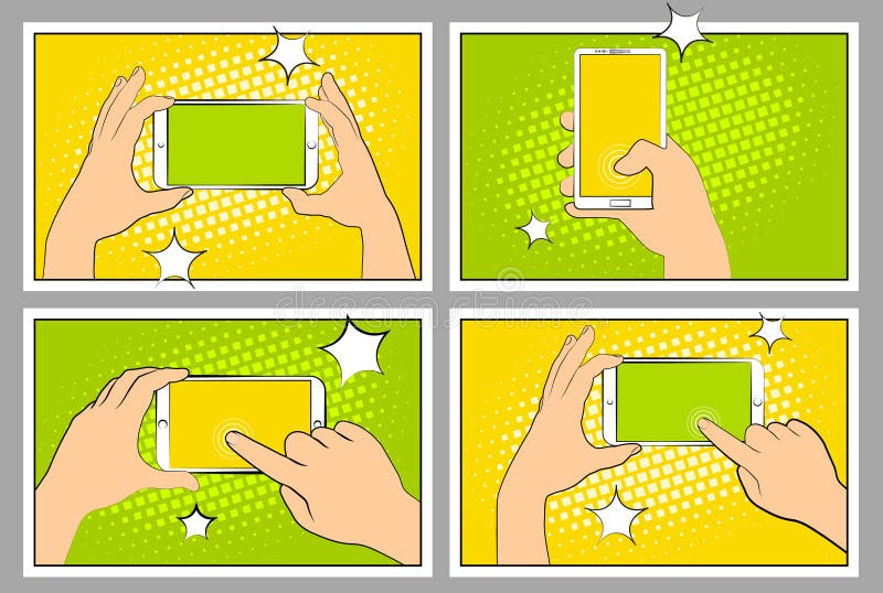 Set Comic Smartphone Phone with Halftone Shadows. Hand Holding ...