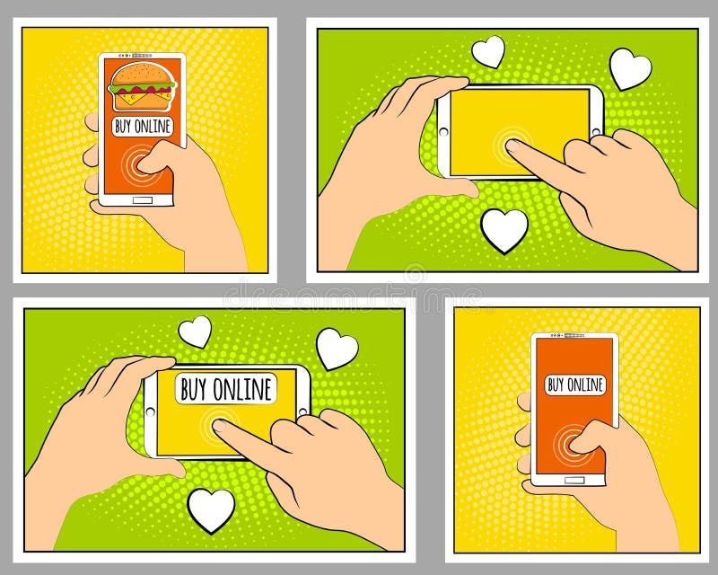 Set Comic Smartphone Phone with Halftone Shadows. Hand Holding ...