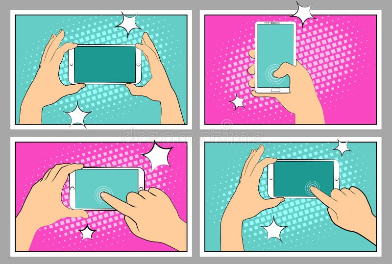 Set Comic Smartphone Phone with Halftone Shadows. Hand Holding ...