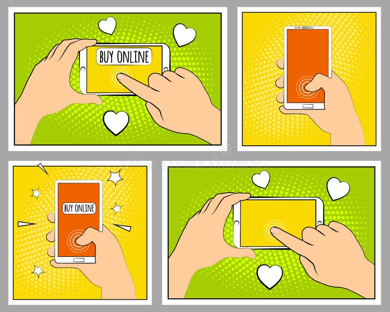 Set Comic Smartphone Phone with Halftone Shadows. Hand Holding ...