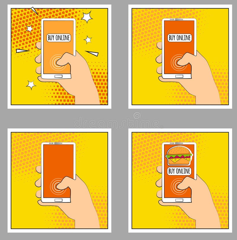 Set Comic Smartphone Phone with Halftone Shadows. Hand Holding ...