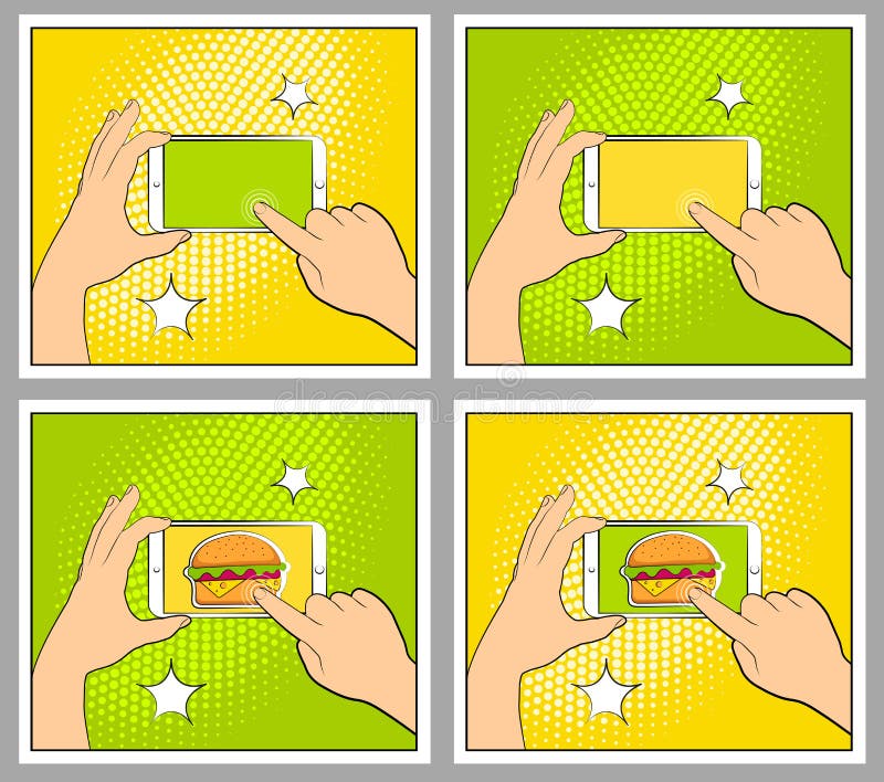 Set Comic Smartphone Phone with Halftone Shadows. Hand Holding ...