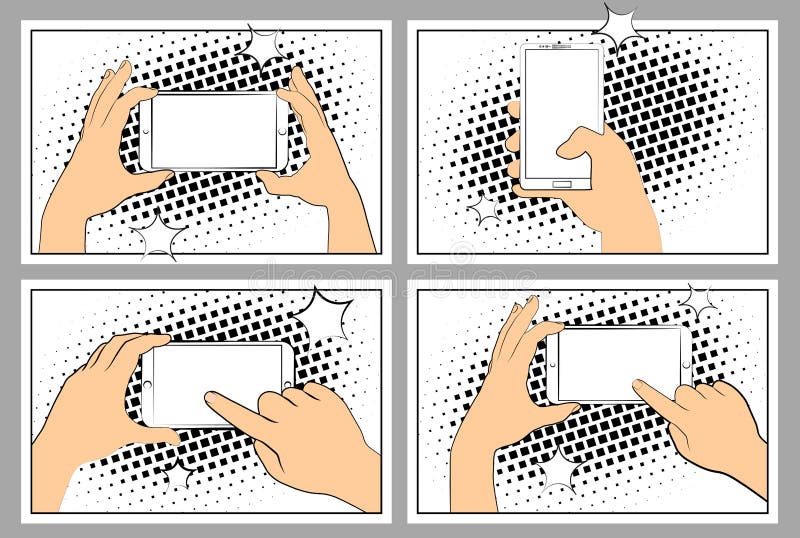 Set Comic Smartphone Phone with Halftone Shadows. Hand Holding ...