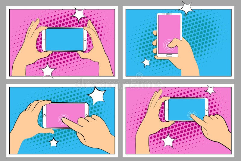 Set Comic Smartphone Phone with Halftone Shadows. Hand Holding ...
