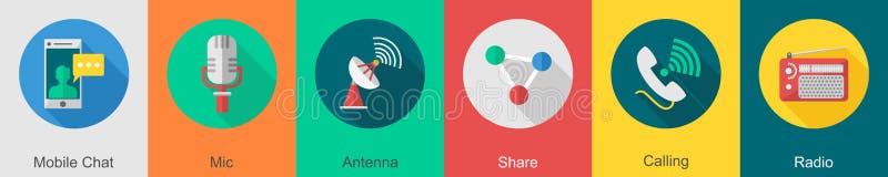 A Set of 6 Communication Icons As Mobile Chat, Mic, Antenna Stock ...