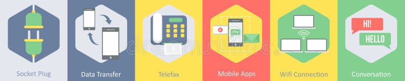 A Set of 6 Communication Icons As Socket Plug, Data Transfer, Telefax ...