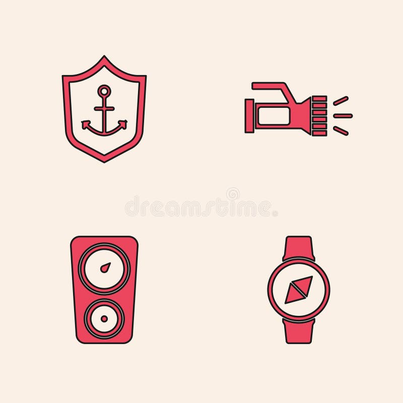 Set Compass, Anchor Inside Shield, Flashlight and Gauge Scale Icon ...