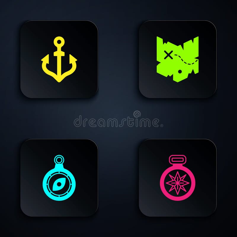 Set Compass, Anchor, and Pirate Treasure Map. Black Square Button Stock ...