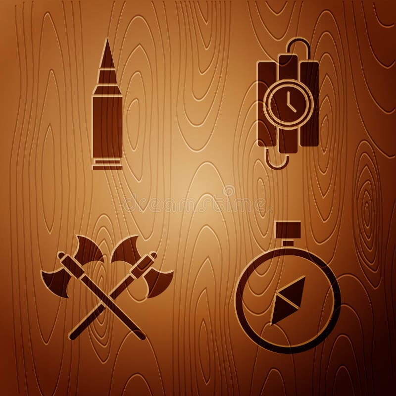 Set Compass, Bullet, Crossed Medieval Axes and Dynamite Stick and Timer ...
