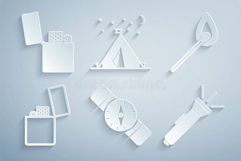 Set Compass, Burning Match with Fire, Lighter, Flashlight, Tourist Tent ...