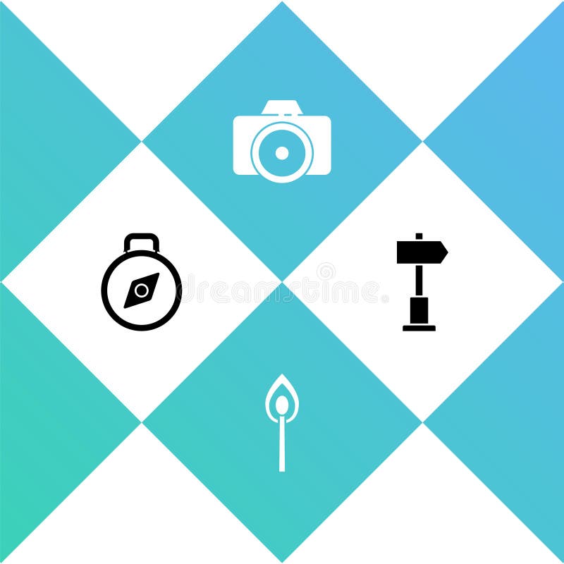 Set Compass, Burning Match with Fire, Photo Camera and Road Traffic ...