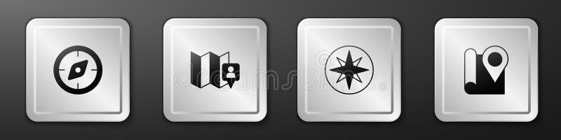 Set Compass, Folded Map with Location Marker, Wind Rose and Icon ...