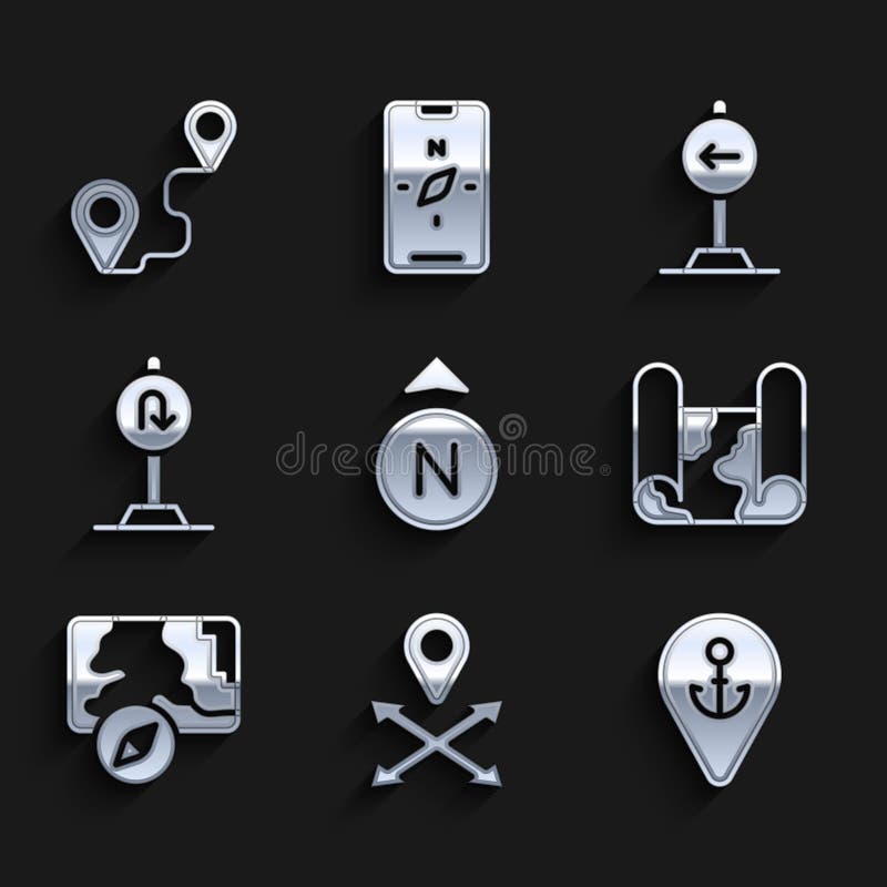 Set Compass, Location, with Anchor, Folded Map, City Navigation, Turn ...