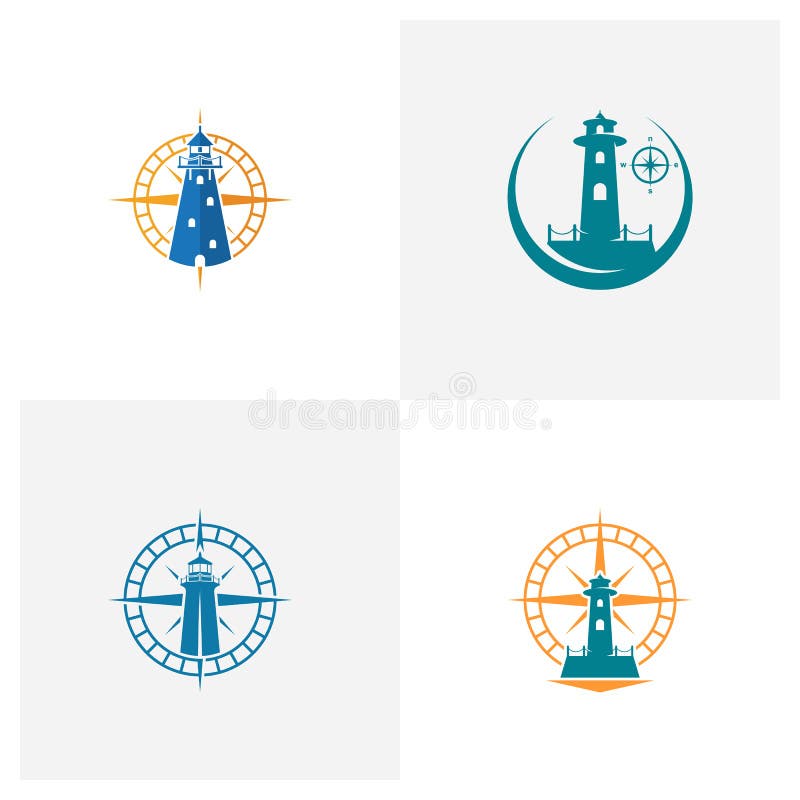 Set of Compass Mercusuar Logo Design Vector Illustration, Creative ...