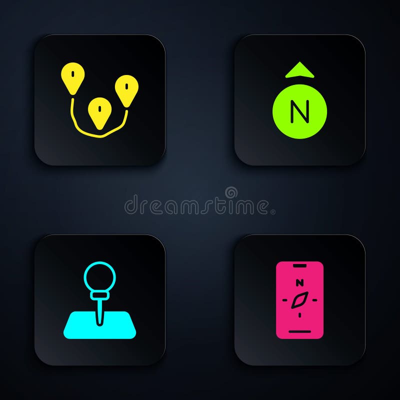 Set Compass on Mobile, Route Location, Push Pin and . Black Square ...