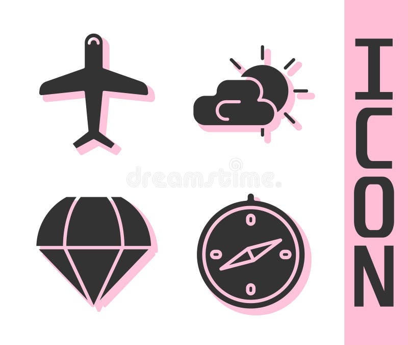 Set Compass, Plane, Parachute and Sun and Cloud Weather Icon. Vector ...
