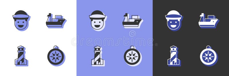 Set Compass, Sailor, Lighthouse and Cargo Ship Icon. Vector Stock ...