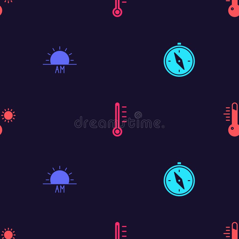 Set Compass, Sunrise, Meteorology Thermometer and on Seamless Pattern ...