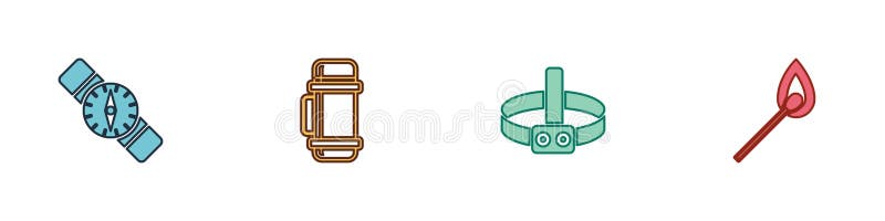 Set Compass, Thermos Container, Head Flashlight and Burning Match with ...