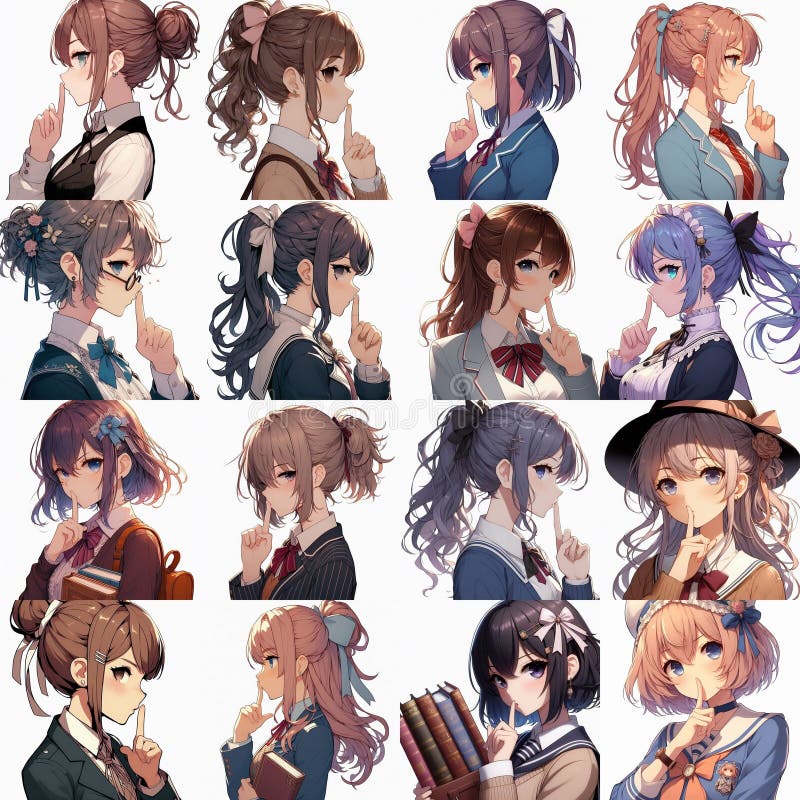 Set Compilation Anime Girl Putting Her Finger on Lips Stock Photo ...