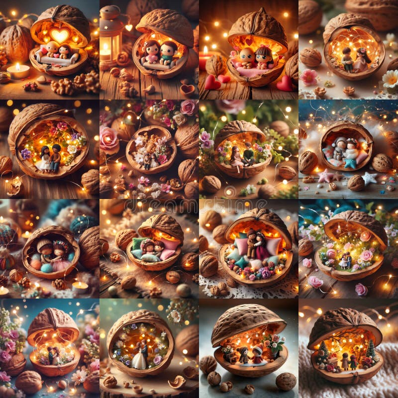 Set Compilation Love in a Nutshell, Valentine Couples in Walnut Stock ...