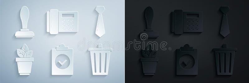 Set Completed Task, Tie, Flowers in Pot, Trash Can, Telephone and Stamp ...