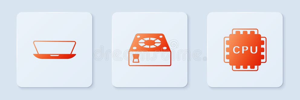 Set Computer Cooler Laptop And Processor With Cpu White Square Button Stock Vector