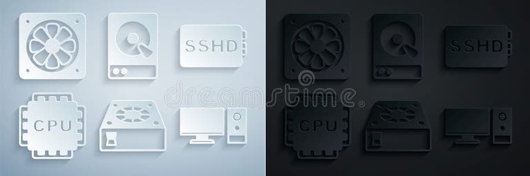 Set Computer Cooler, SSHD Card, Processor with CPU, Monitor, Hard Disk ...