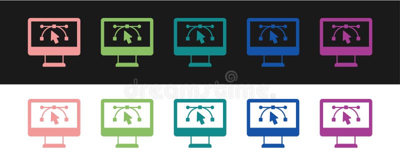 Set Computer Display with Vector Design Program Icon Isolated on Isolated on Black and White ...