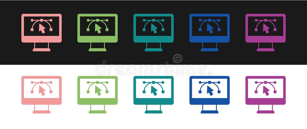Set Computer Display with Vector Design Program Icon Isolated on Isolated on Black and White ...