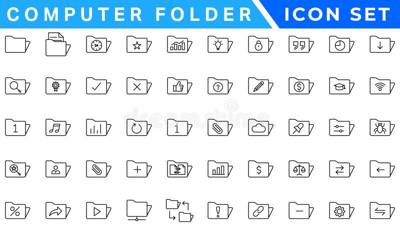 Set of Computer Folder Icons Symbol Pc File or Document Search, Checkmark, Cross, Upload Icon ...