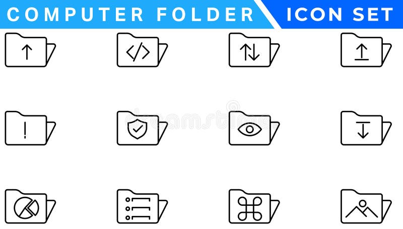 Set of Computer Folder Icons Symbol Pc File or Document Search, Checkmark, Cross, Upload Icon ...