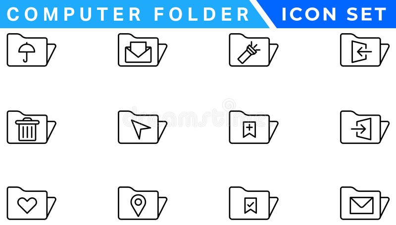 Set of Computer Folder Icons Symbol Pc File or Document Search, Checkmark, Cross, Upload Icon ...