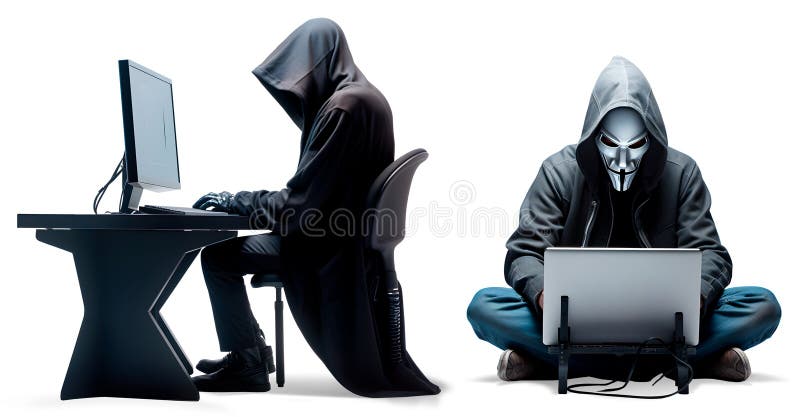 Set of Computer Hackers in Black Clothes Sitting with Laptop, on ...