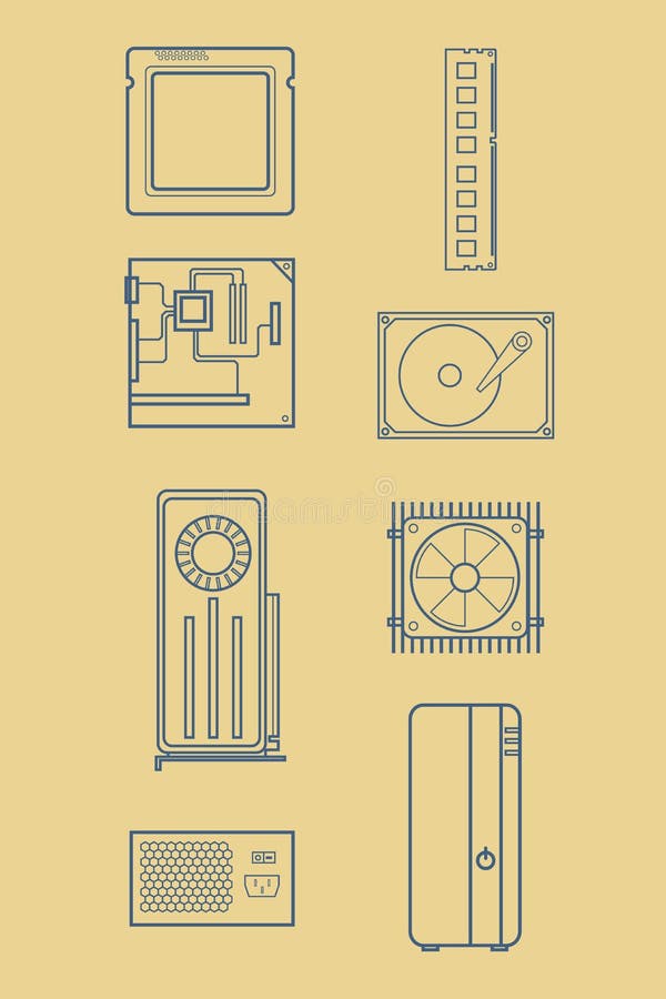 Set of Computer Hardware Icons. HDD, Cooler, Desktop Case, Video Card ...