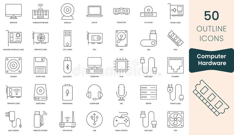 Set of Computer Hardware Icons. Thin Outline Icons Pack Stock ...